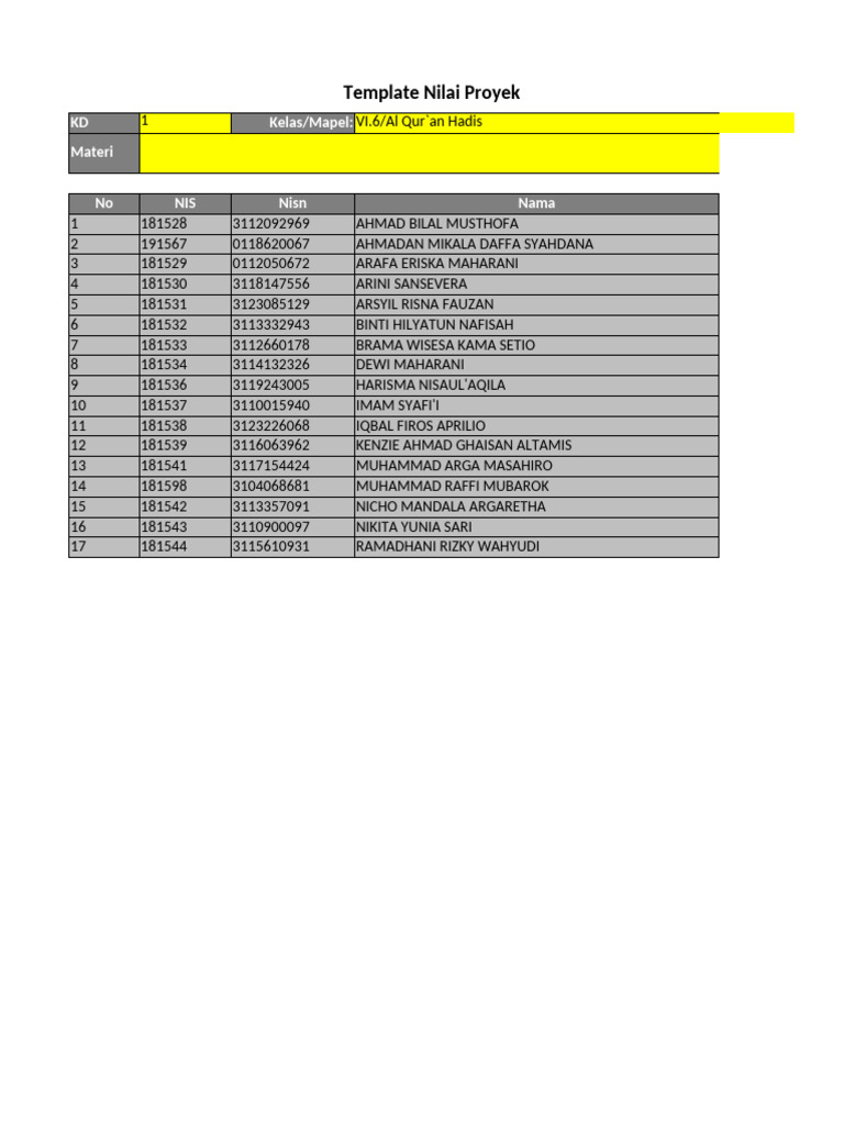 Template Nilai Proyek-VI.6-Al Qur'an Hadis | PDF