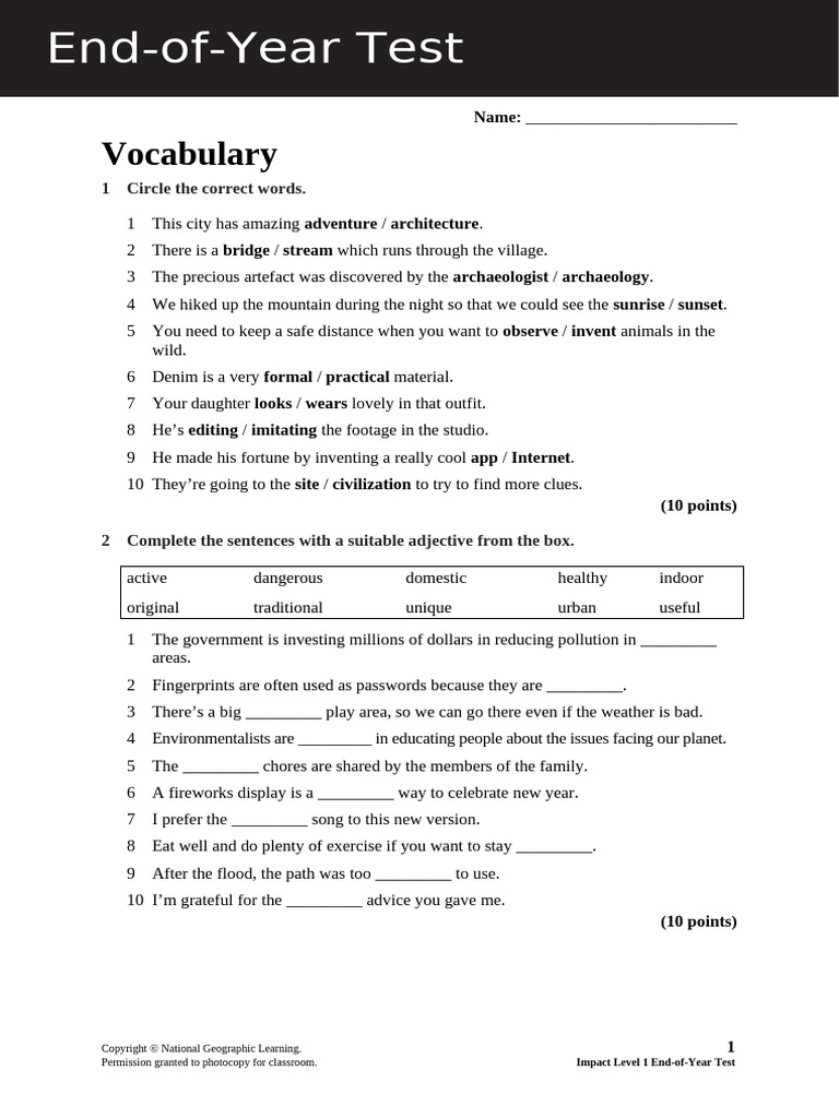 Vocabulary and Grammar End-of-Year Test | PDF | Noise