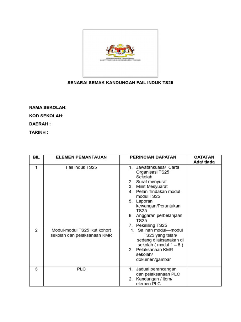 Senarai Semak Kandungan Fail Induk Ts25 (1) (1) | PDF