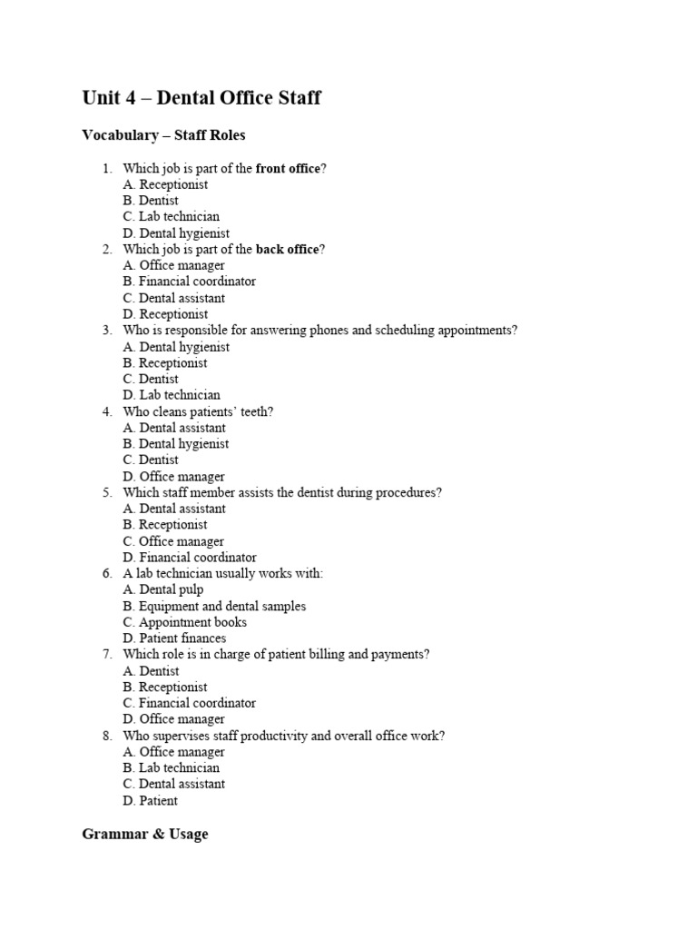 Dental Office Staff Roles and Vocabulary | PDF | Dentistry | Dentist