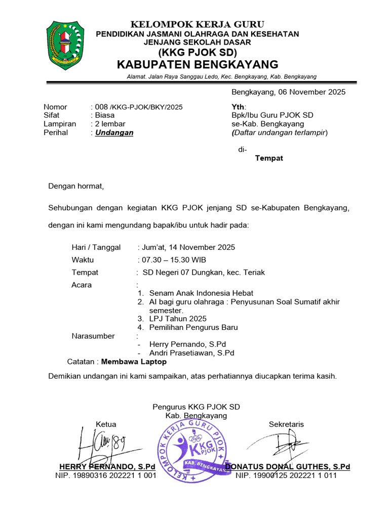 Undangan Kkg Pjok No 004, 2025 | PDF