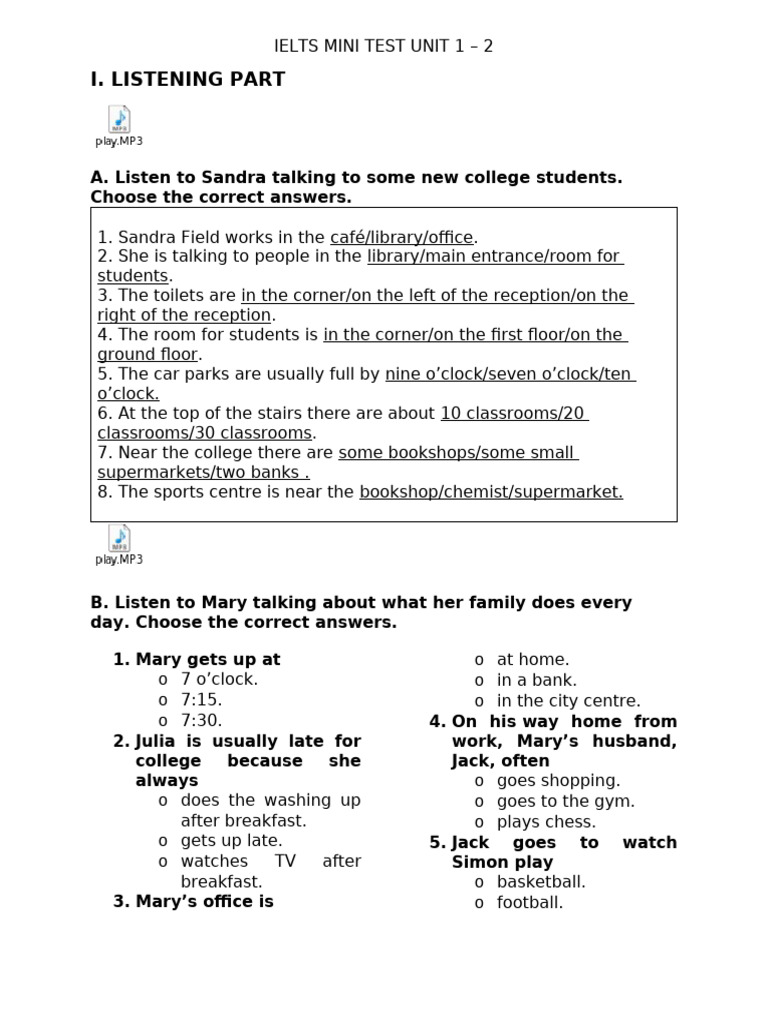 IELTS MINI TEST UNIT 1 - 2 (foundation) | PDF