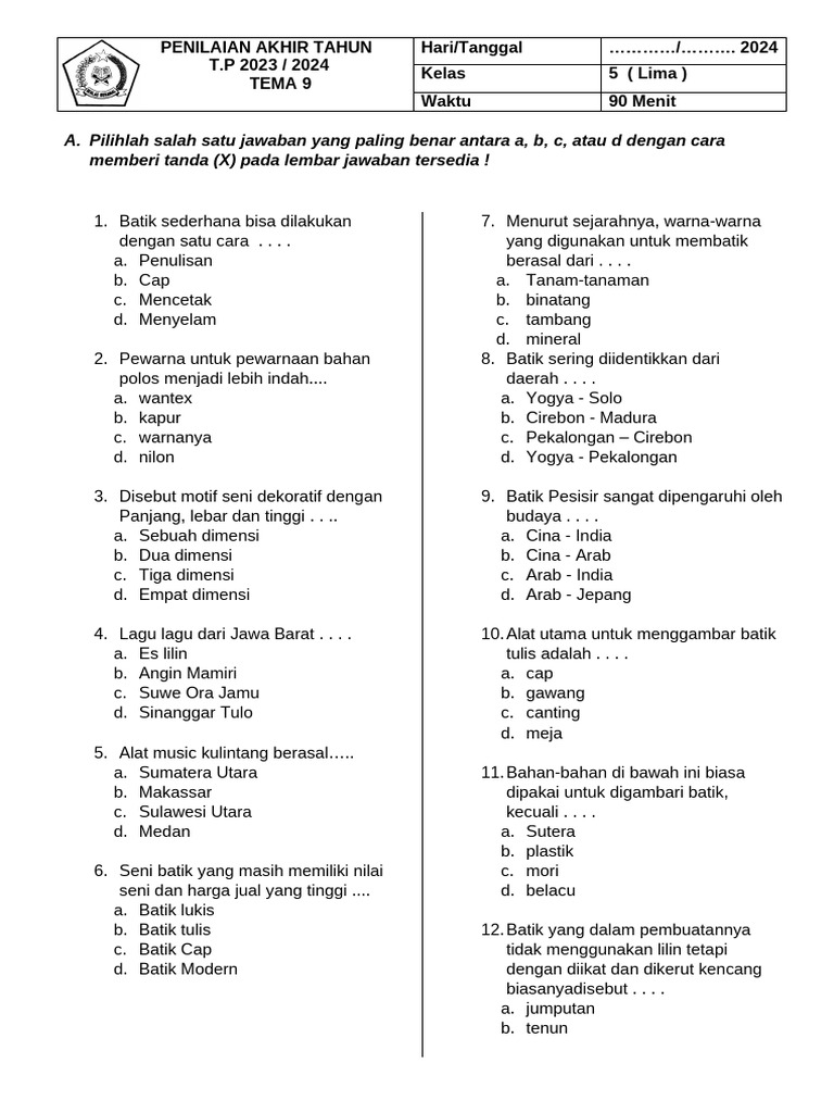 SOAL SBdP KLS. 5 TEMA 9 | PDF
