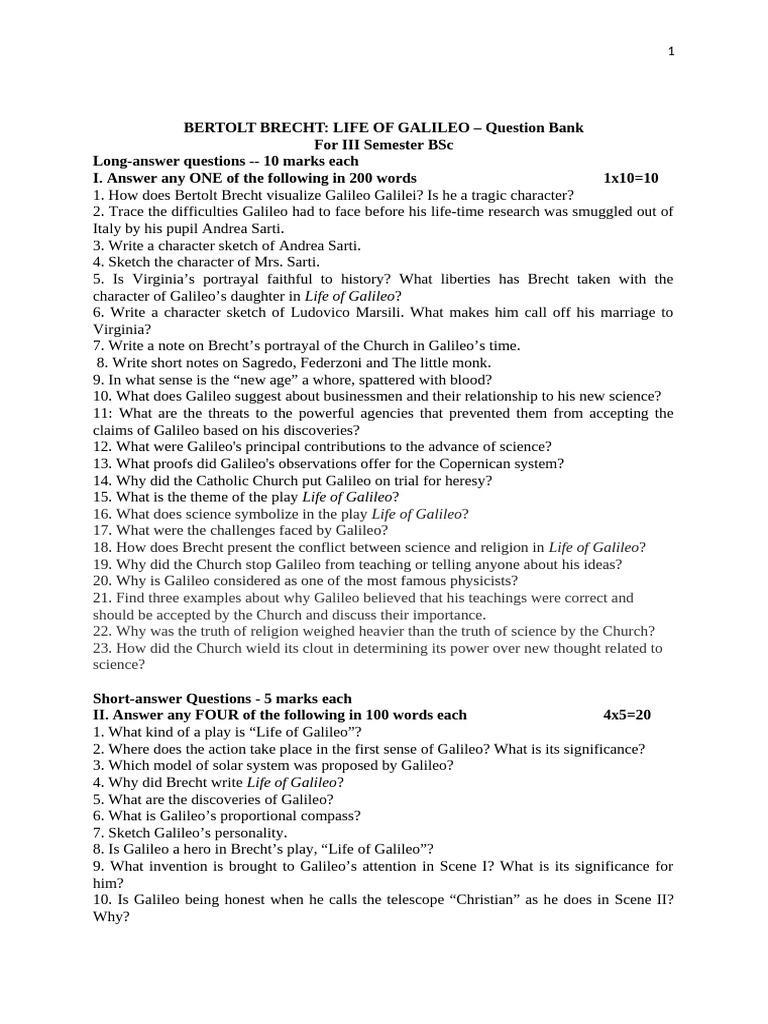 Revised Question Bank - Life of Galileo | PDF | Galileo Galilei