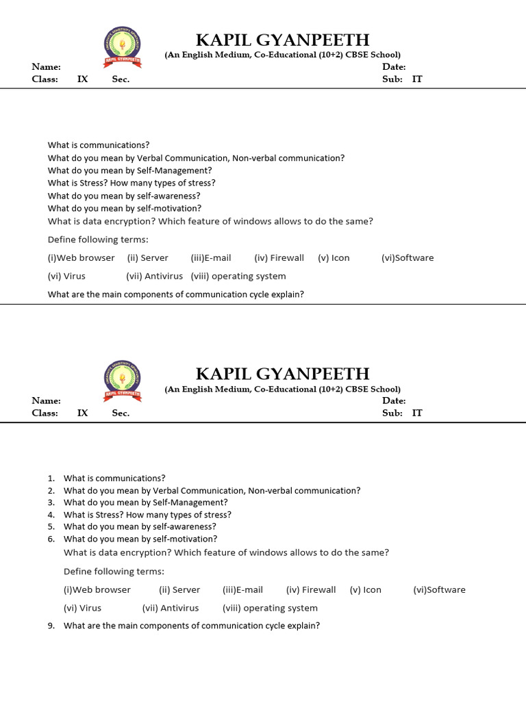CLASS IX IT Revision Worksheet 1 | PDF