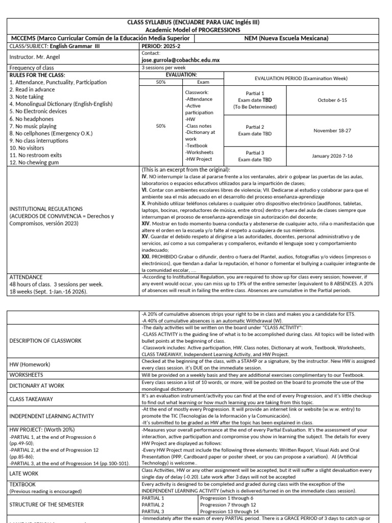 Syllabus Class Plan1 English Grammar III 2025-2 Sept 2025-Jan 2026 ...