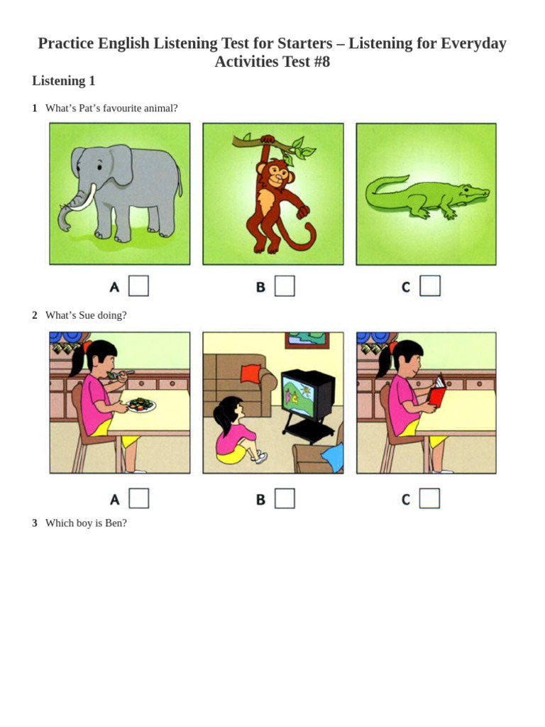Listening For Names and Everyday Activities - Test 8 - Pre A1 | PDF