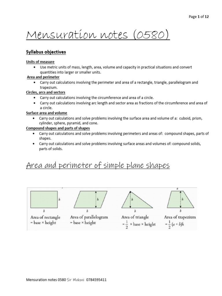 Mensuration Notes | PDF | Area | Volume