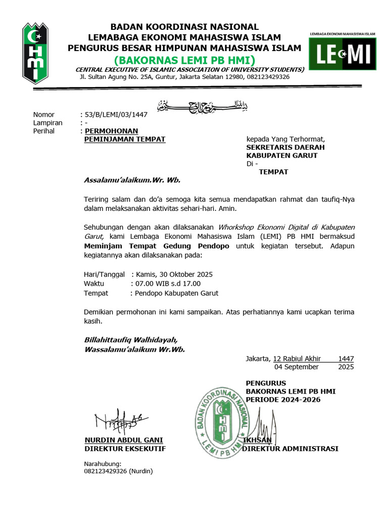 Permohonan Peminjaman Tempat Workshop | PDF
