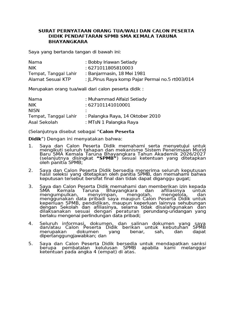 Template Surat Pernyataan Orang Tua-Wali Pendaftaran SPMB SMA KTB 2026 ...