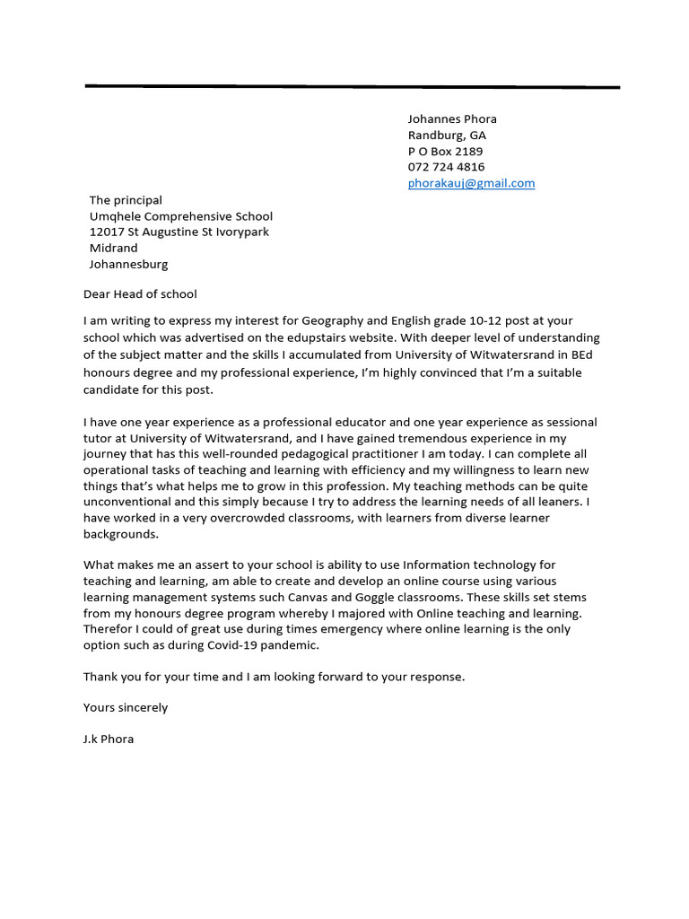 Umqhele Comprehensive School Cover Letter - 240130 - 112012 | PDF