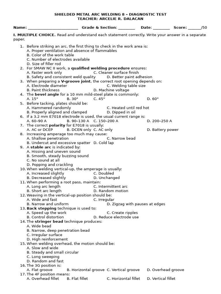 Diagnostic Test SMAW 8 | PDF | Welding | Construction