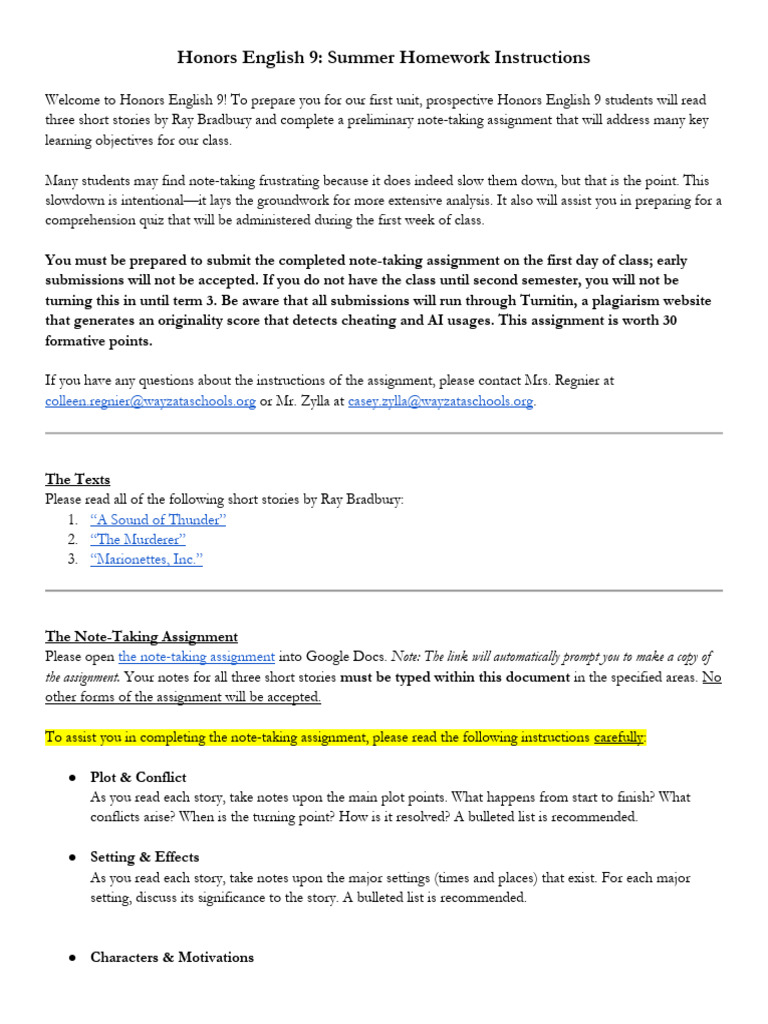 Honors English 9 Summer Homework Guide | PDF | Vocabulary | Cognition