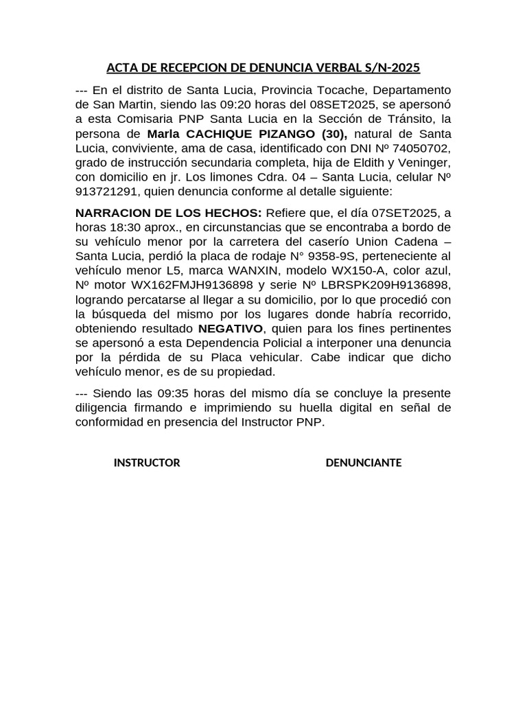 Acta de Denuncia Verbal Por Perdida Placa Rolando | PDF