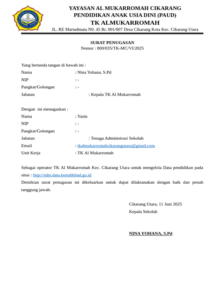 Surat Tugas Operator | PDF