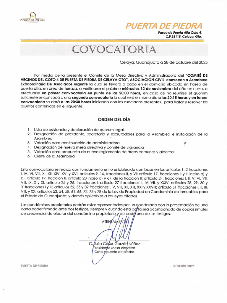 Conv Asamblea Ext 12 Nov | PDF