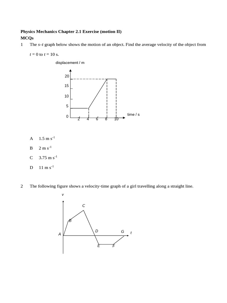 Physics Mechanics Chapter 2.1 Exercise (Motion II) | PDF | Velocity ...