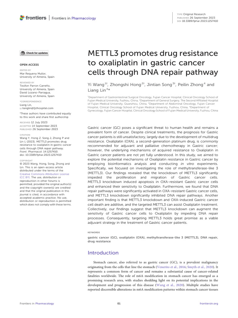 METTL3 Promotes Drug Resistance To Oxaliplatin in Gastric Cancer Cells ...