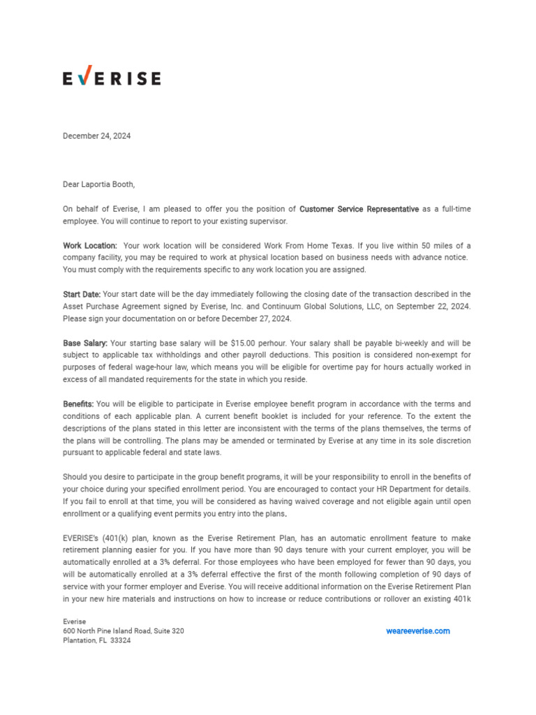 Offer Letter US WFH (Agent) - 25 Sep2024 v4 - Without 401K Match 2024 ...