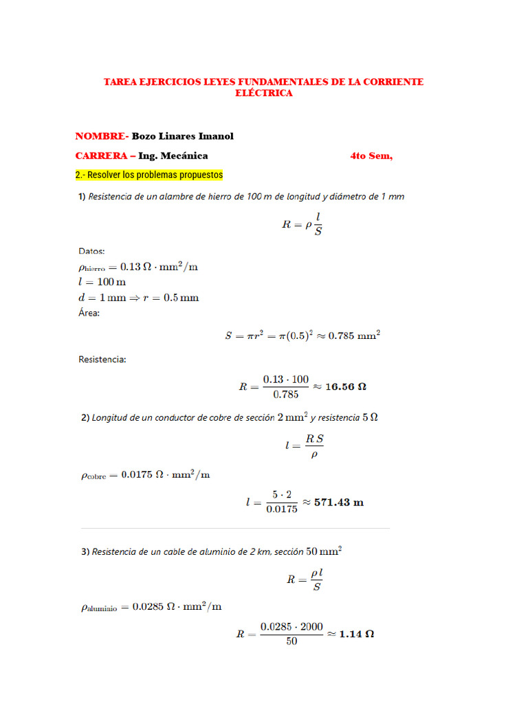 Tarea Ejercicios Leyes Fundamentales de La Corriente Eléctrica | PDF