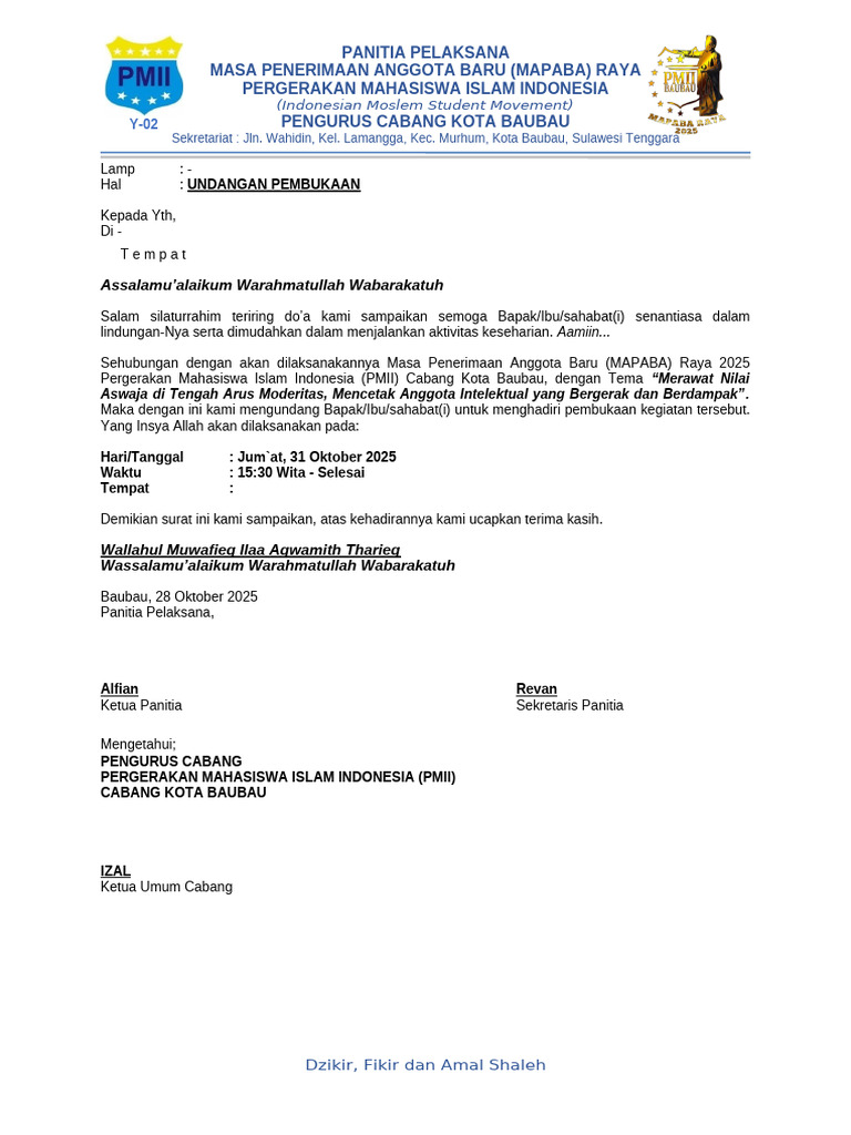 Undangan MAPABA Raya 2025 PMII Baubau | PDF