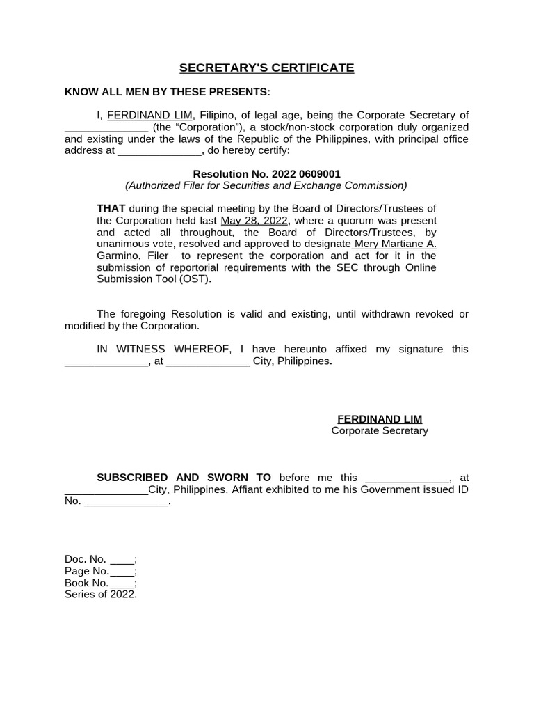 Secretary's Certificate for SEC Filing | PDF