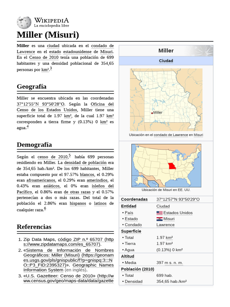 Ciudad de Miller, Misuri: Datos y Población | PDF | Conjuntos de datos ...