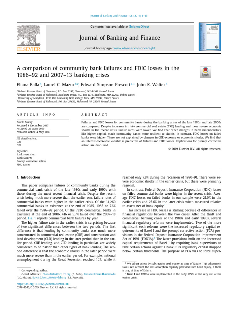 A Comparison of Community Bank Failures and FDIC Losses 2019 Journal of ...