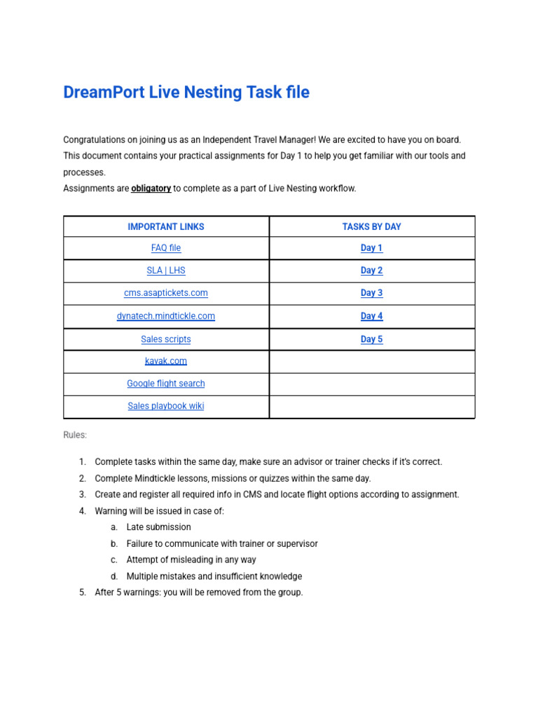 Day 1 Live Nesting Tasks Guide | PDF | San Francisco International ...