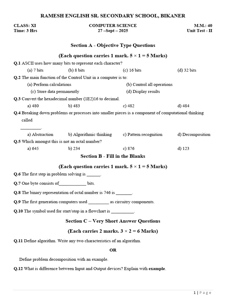 Class Xi U.T. II Cs 27sept25 | PDF | Bit | Algorithms