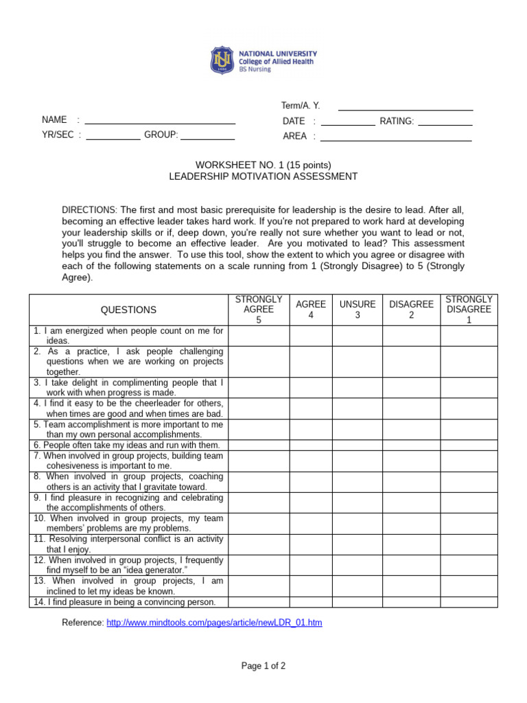 Worksheet 1. Leadership Motivation Assessment | PDF | Psychology