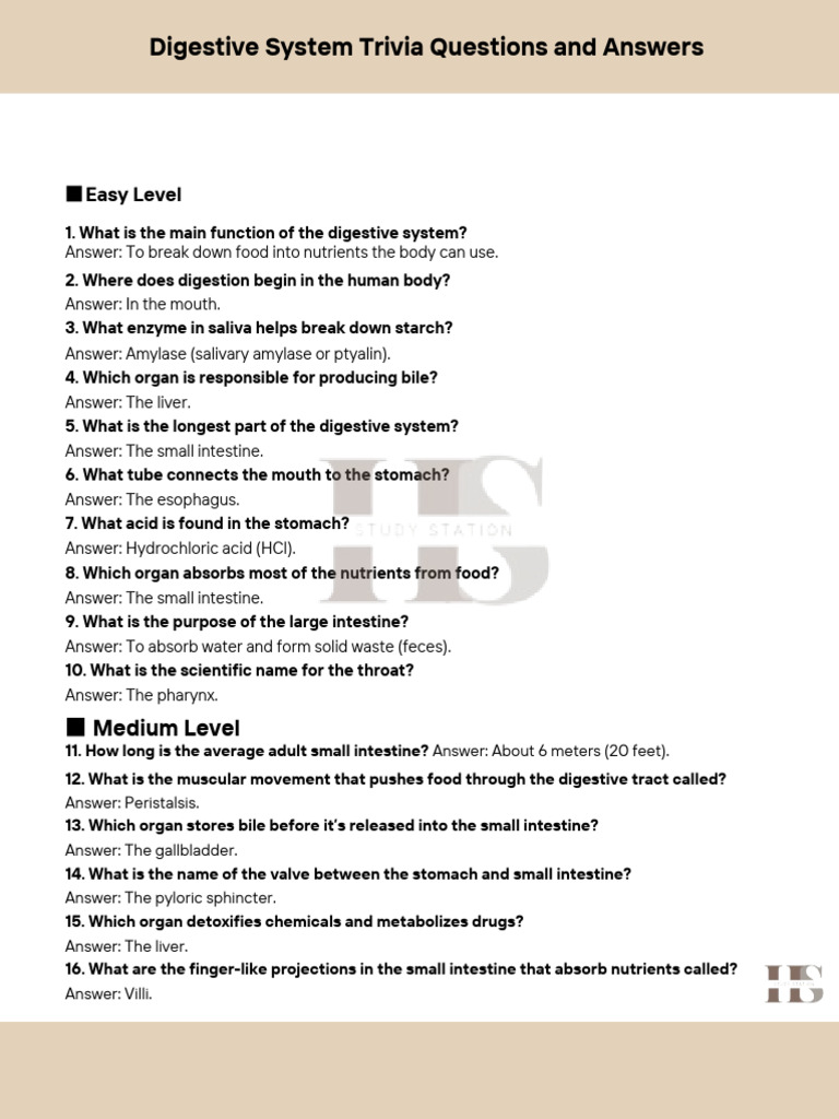Digestive System Trivia Questions and Answers PDF | PDF | Human ...