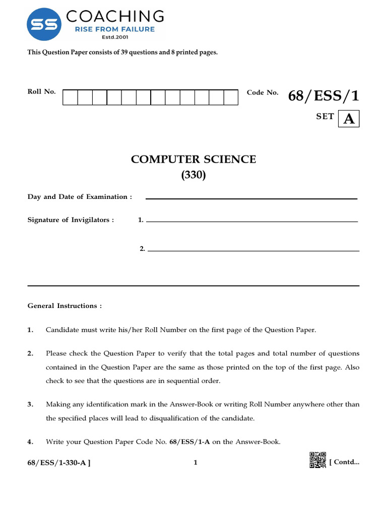 Nios Computer Science 330 SR Secondary Question Paper Oct 2024 | PDF ...