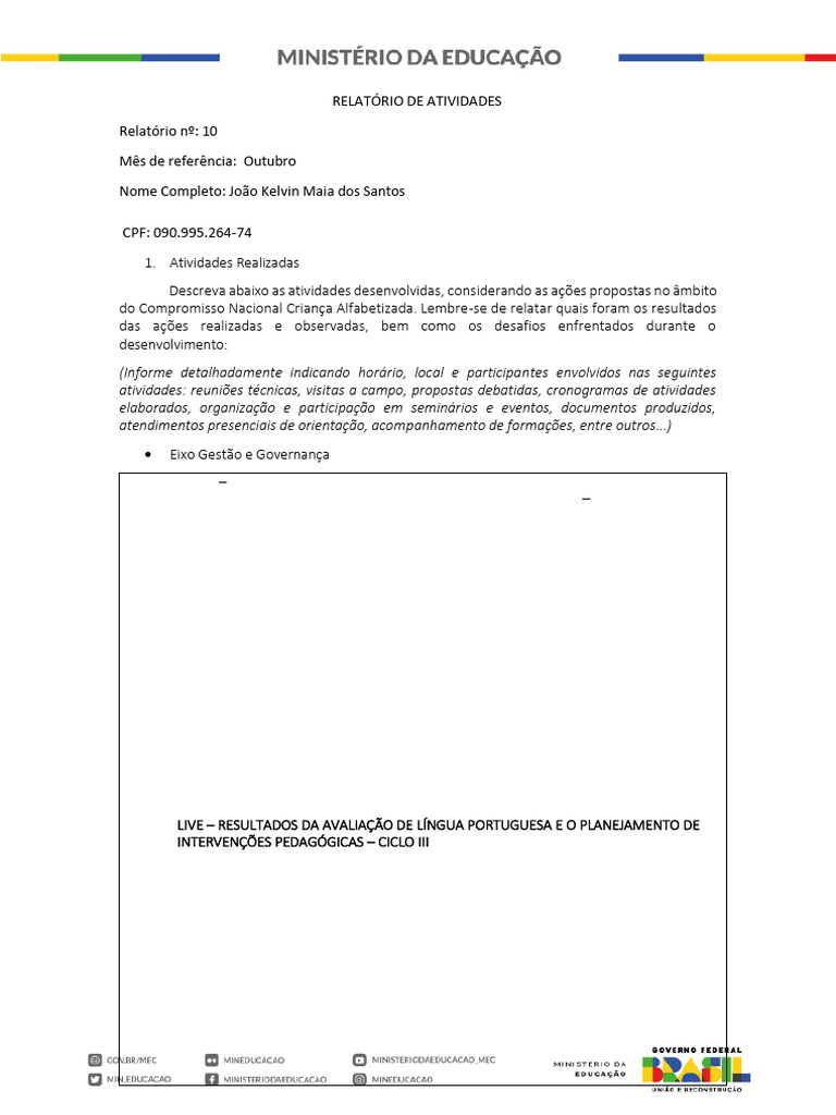 Relatório Renalfa Outubro 2025 | PDF | Pedagogia | Alfabetização