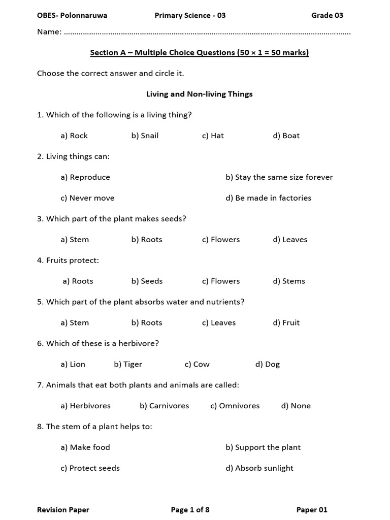 Grade 3 Science Revision Paper | PDF | Plants | Foods