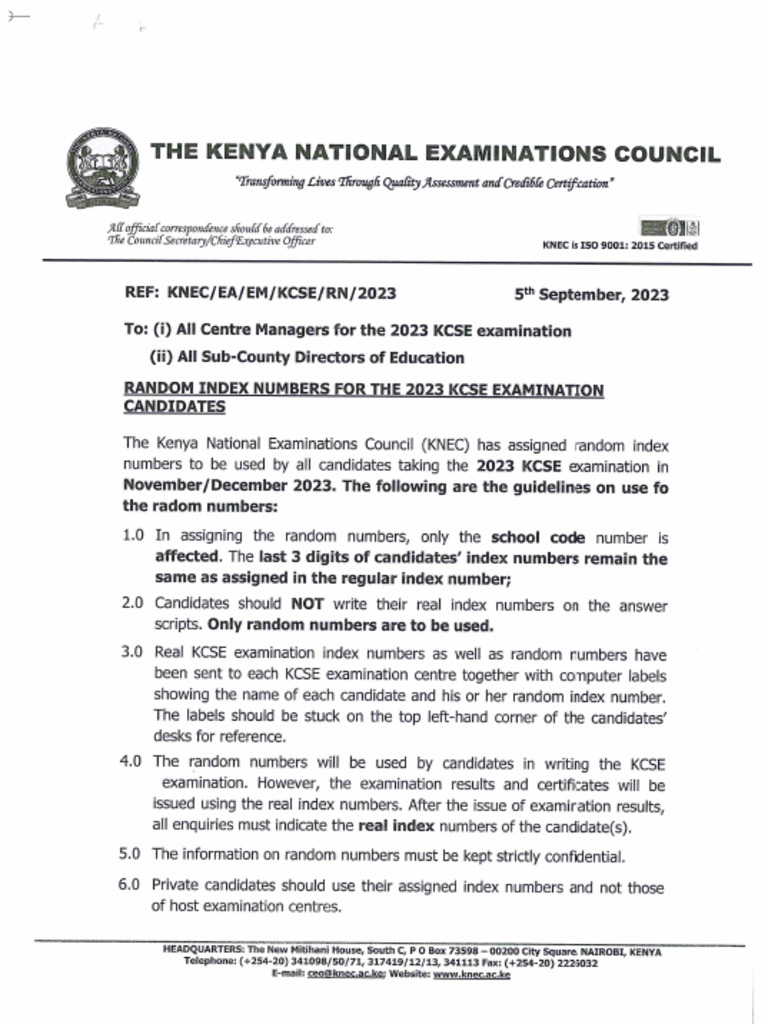 Random Index Numbers For The 2023 KCSE Examiation Candidates | PDF