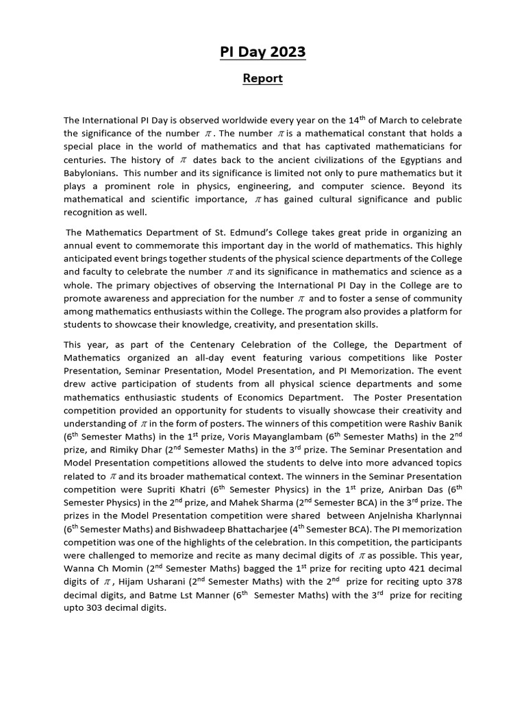 PI Day 2023 Report - Merged | PDF | Science | Mathematics