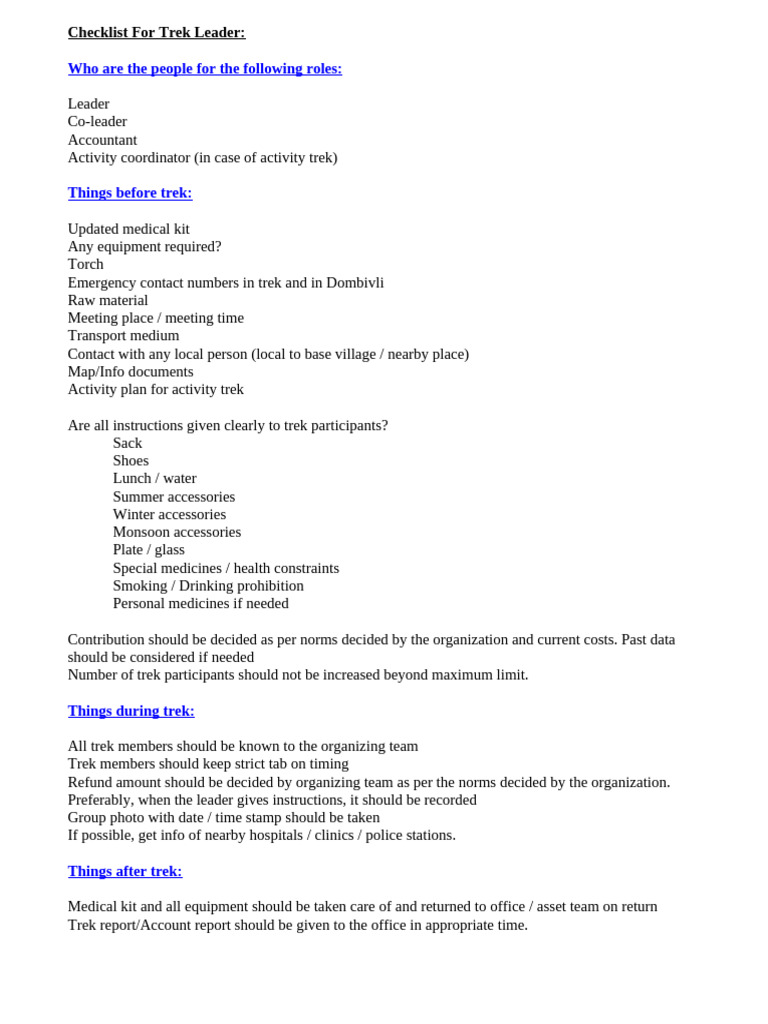 Checklist For A Trek Leader | PDF