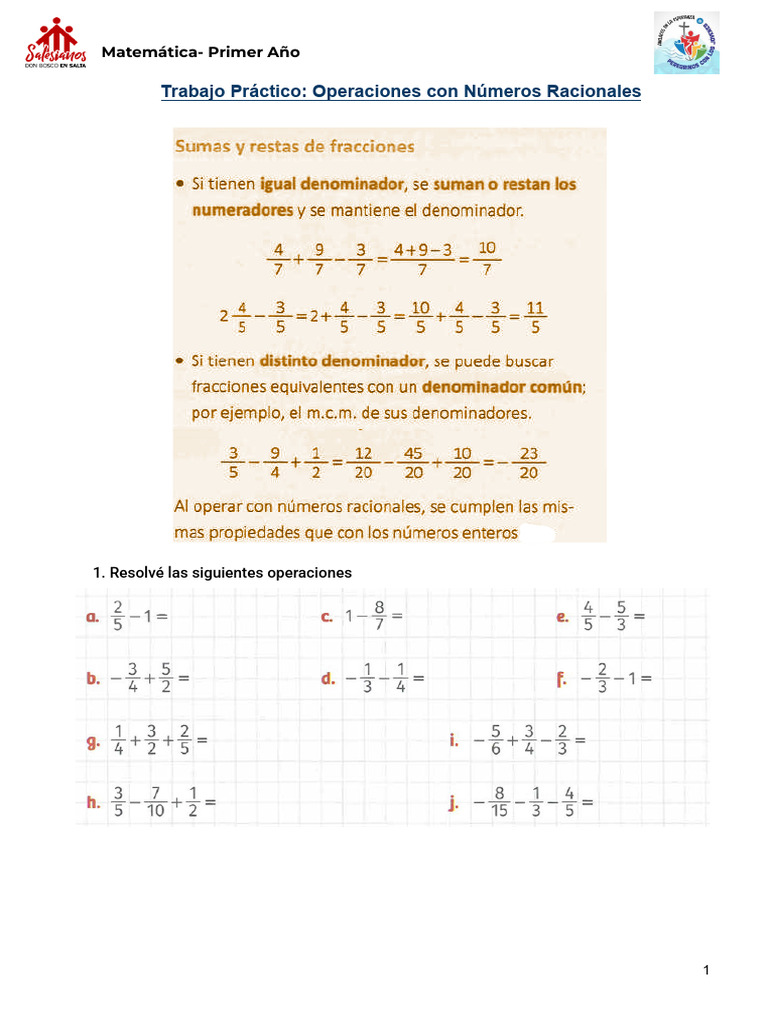 Operaciones con Números Racionales: Primer Año | PDF