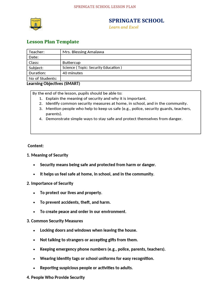 Springate Lesson Plan Template Science Topic Security Education Week8 ...