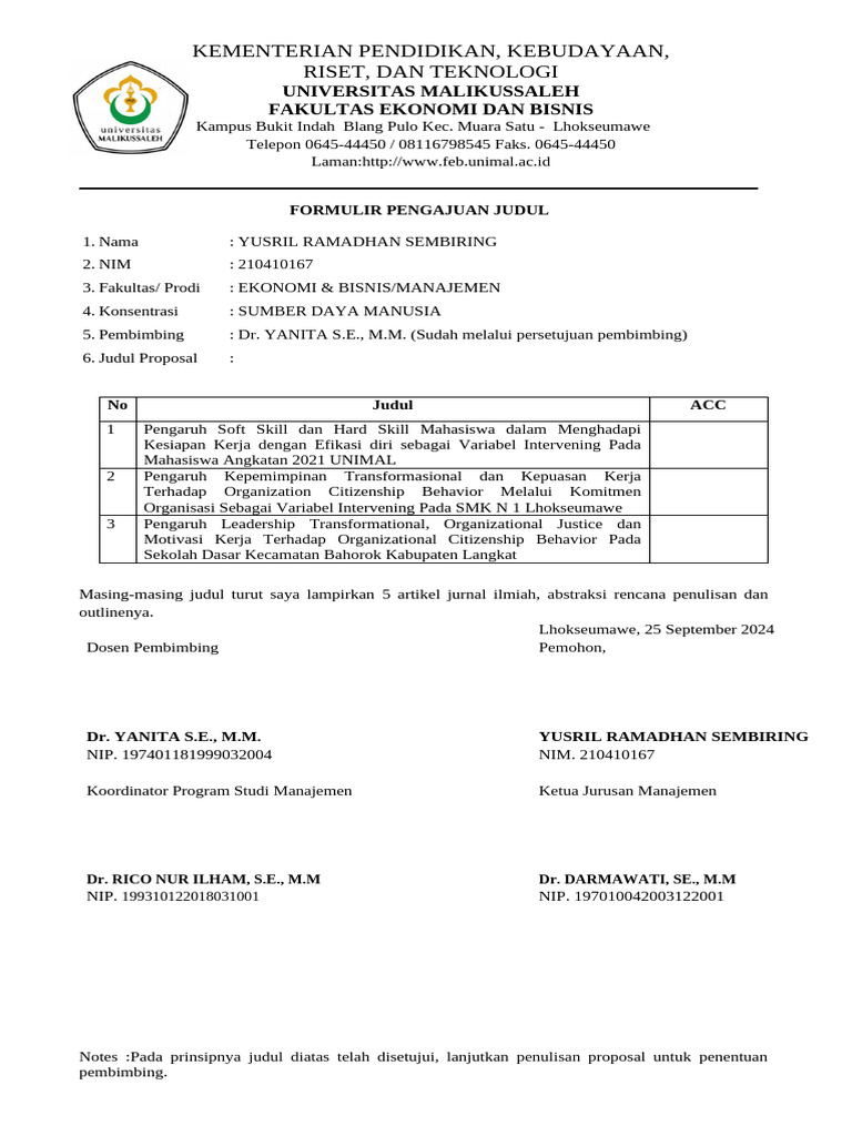 Formulir Pengajuan Judul Yusril Tambahan | PDF