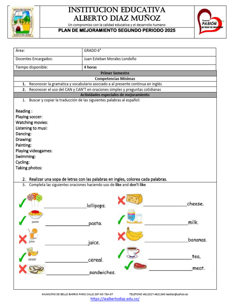 INGLES Plan de Mejoramiento | PDF | Idiomas | Estudios de idiomas extranjeros
