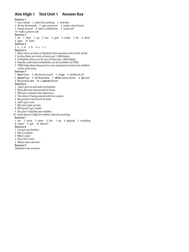 Aim High 1 Unit 1 Test AK | PDF