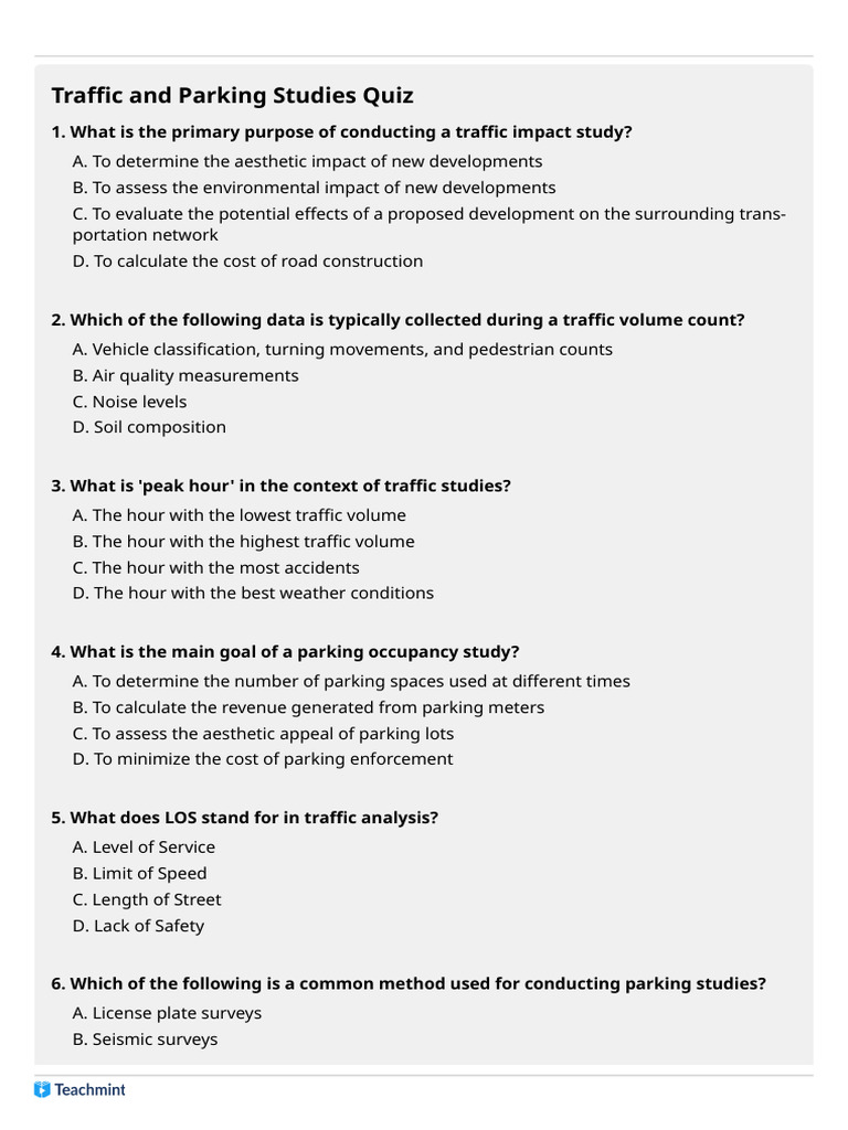 Traffic and Parking Studies Quiz Guide | PDF | Parking | Traffic