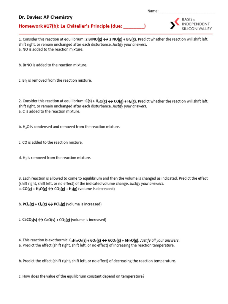 HWK 17b Le Chateliers Principle | PDF | Chemical Reactions | Chemical ...