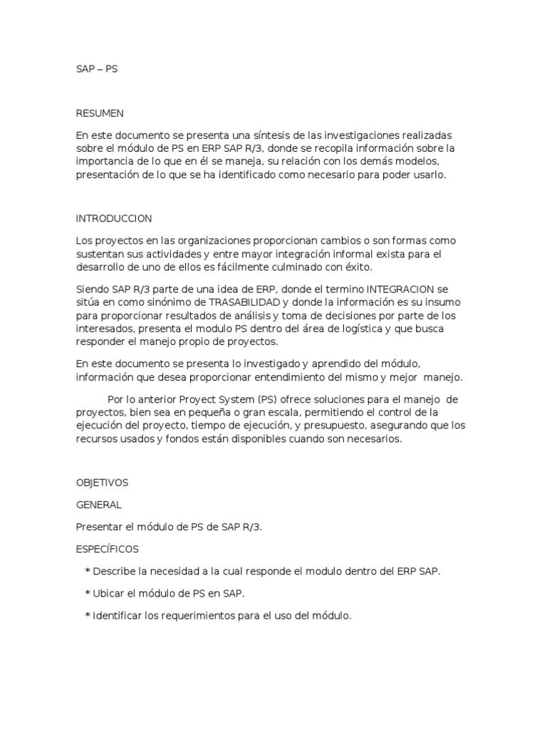 Definiciones SAP PS | PDF | Sap Se | Planificación