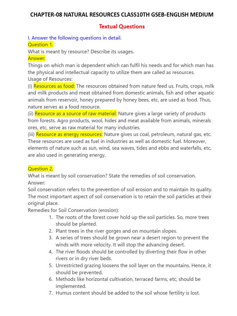 Answer Key History Chapter-08 Natural Resources | PDF | Soil | Erosion