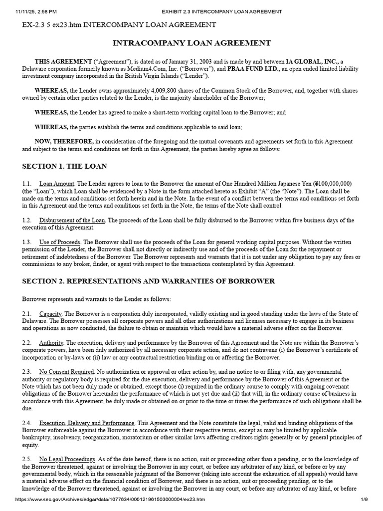 Exhibit 2.3 Intercompany Loan Agreement | PDF | Bankruptcy | Debt
