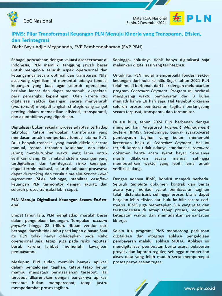 Materi CoC Nasional - IPMS Pilar Transformasi Keuangan PLN Menuju Kinerja Yang Transparan ...