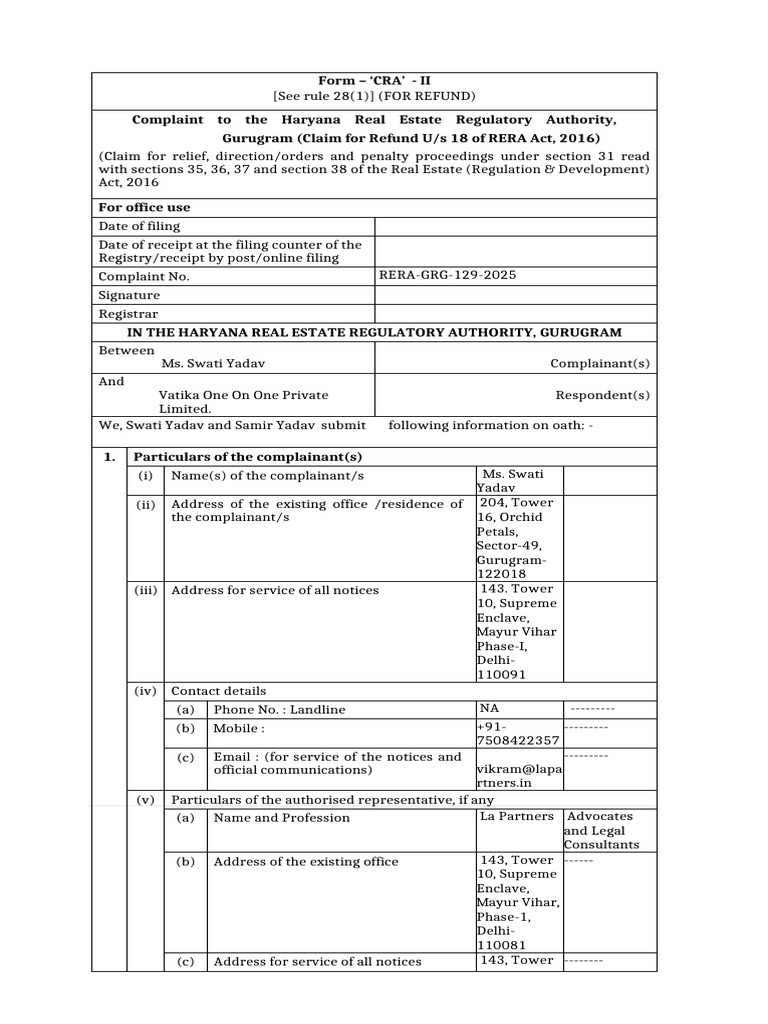 RERA Refund Complaint Form - Haryana | PDF | Cause Of Action